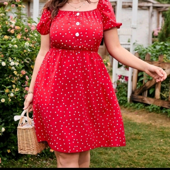 Dresses | New Red White Polka Dot Poof Sleeve Dress 18 | Poshmark
